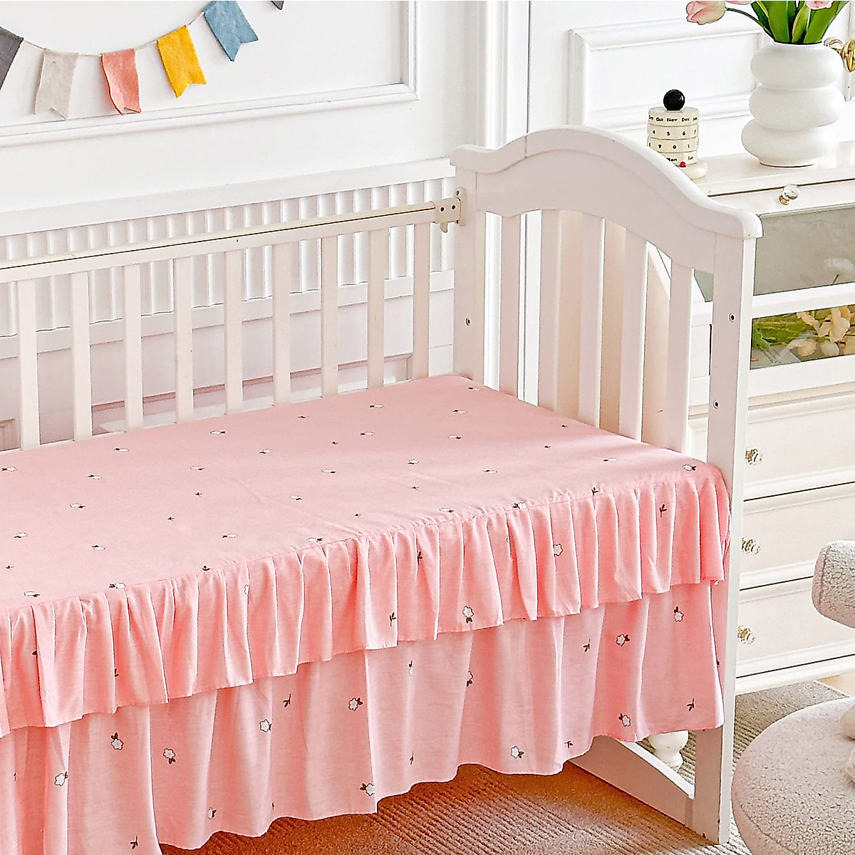 Cotton Ruffle Crib Bedding Set 3 pc Flowers Quilted Comforter with Fitted Sheet and Bed Skirt - Light Pink Flowers and Green Spray - Cute Ruffled Shabby Chic Floral Crib Set Soft Blanket for Girls