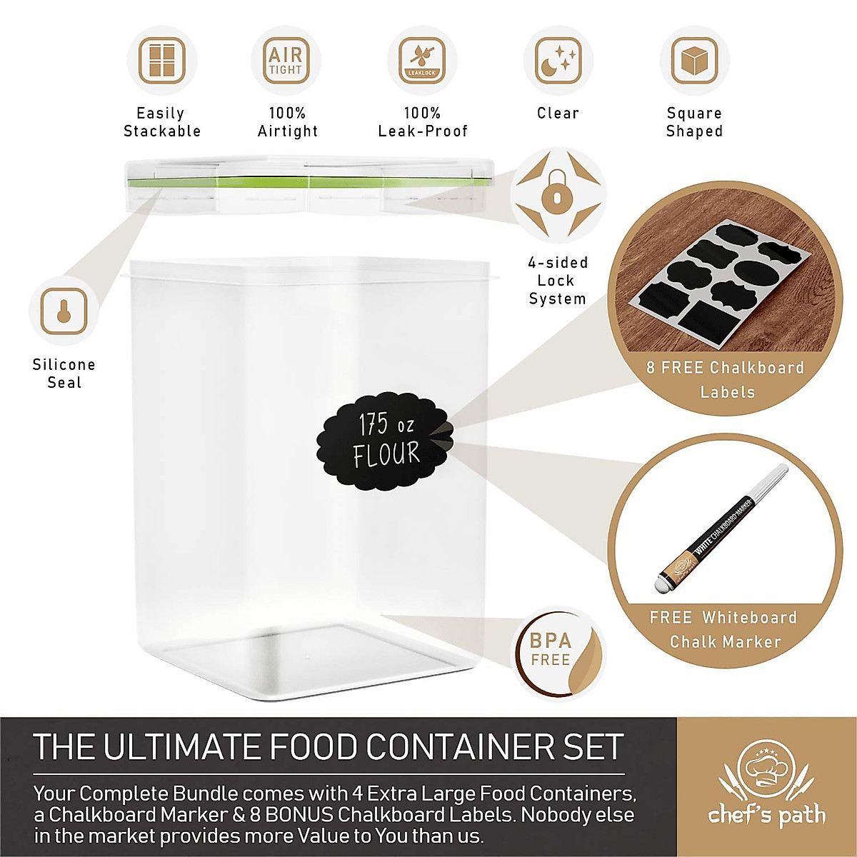 Chef's Path Extra Large Food Storage Containers (8 Pack) with Lids Airtight for Flour Sugar & Rice - Airtight Kitchen & Pantry Organization for Bulk Food Storage - with Markers Labels & Measuring Cups