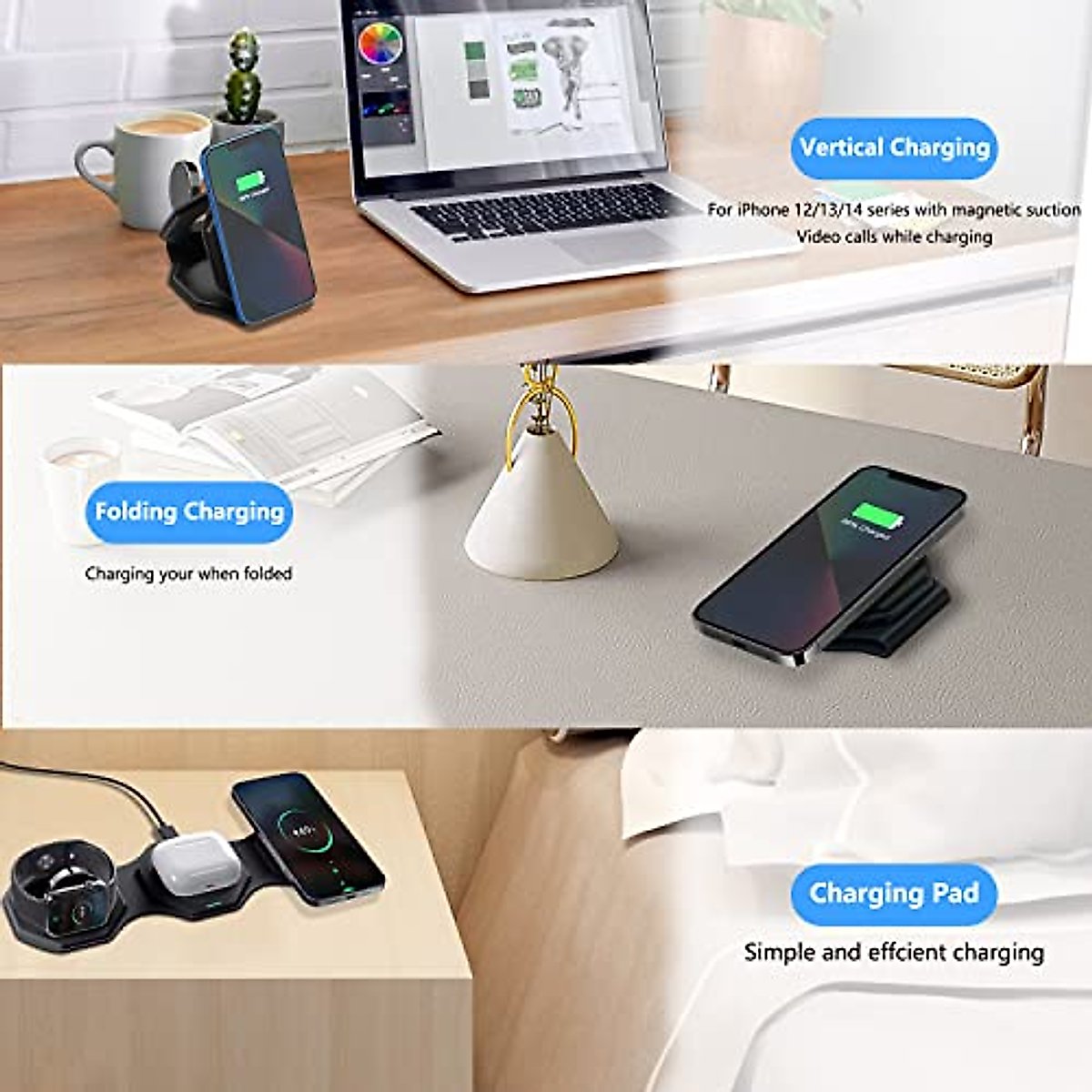 Wireless Charger 3 in 1,Magnetic Foldable 3 in 1 Charging Station for Multiple Apple Devices,Wireless Charging Pad Dock for iPhone14 13 12 11 Pro Max Plus,AirPods 3 2 Pro,Apple Watch