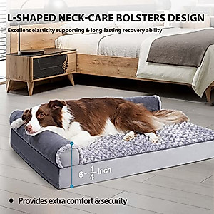 MIHIKK Orthopedic Dog Bed Deluxe Plush L-Shaped Dog Couch Beds with Waterproof Lining Bolster Dog Sleeping Sofa with Removable Washable Cover & Nonskid Bottom Pet Bed for Medium Large Jumbo Dogs, Gray