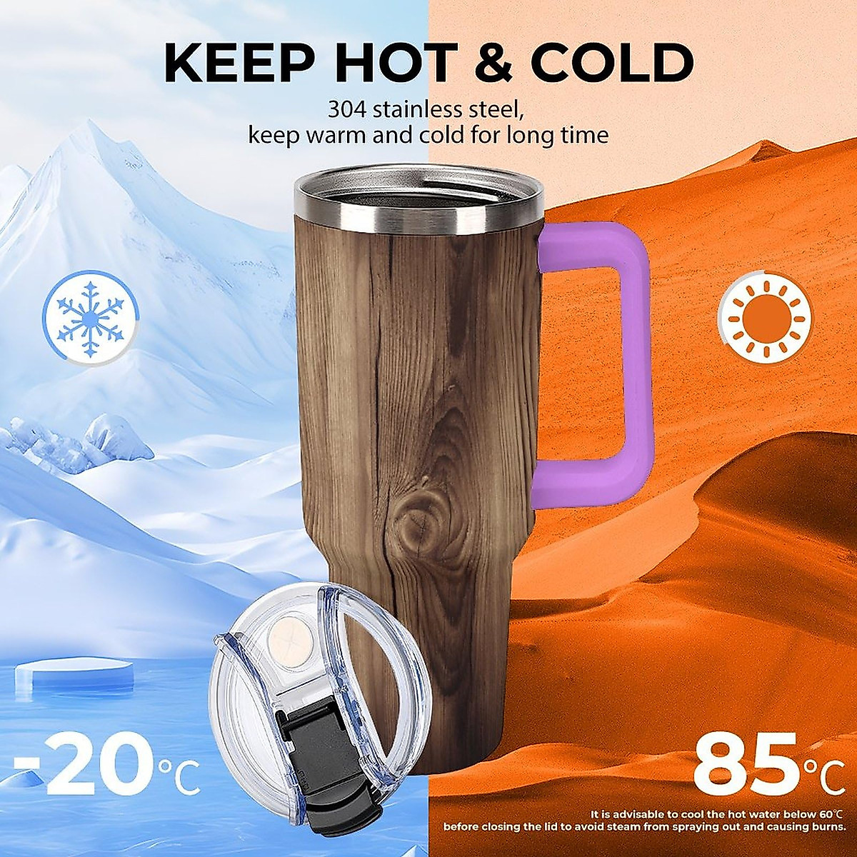 WYUSPGK 40oz Stainless Steel Car Mug, Wood Grain Print Travel Mug, Double-Wall Insulated with Straw, Perfect for Car, Office, Outdoor