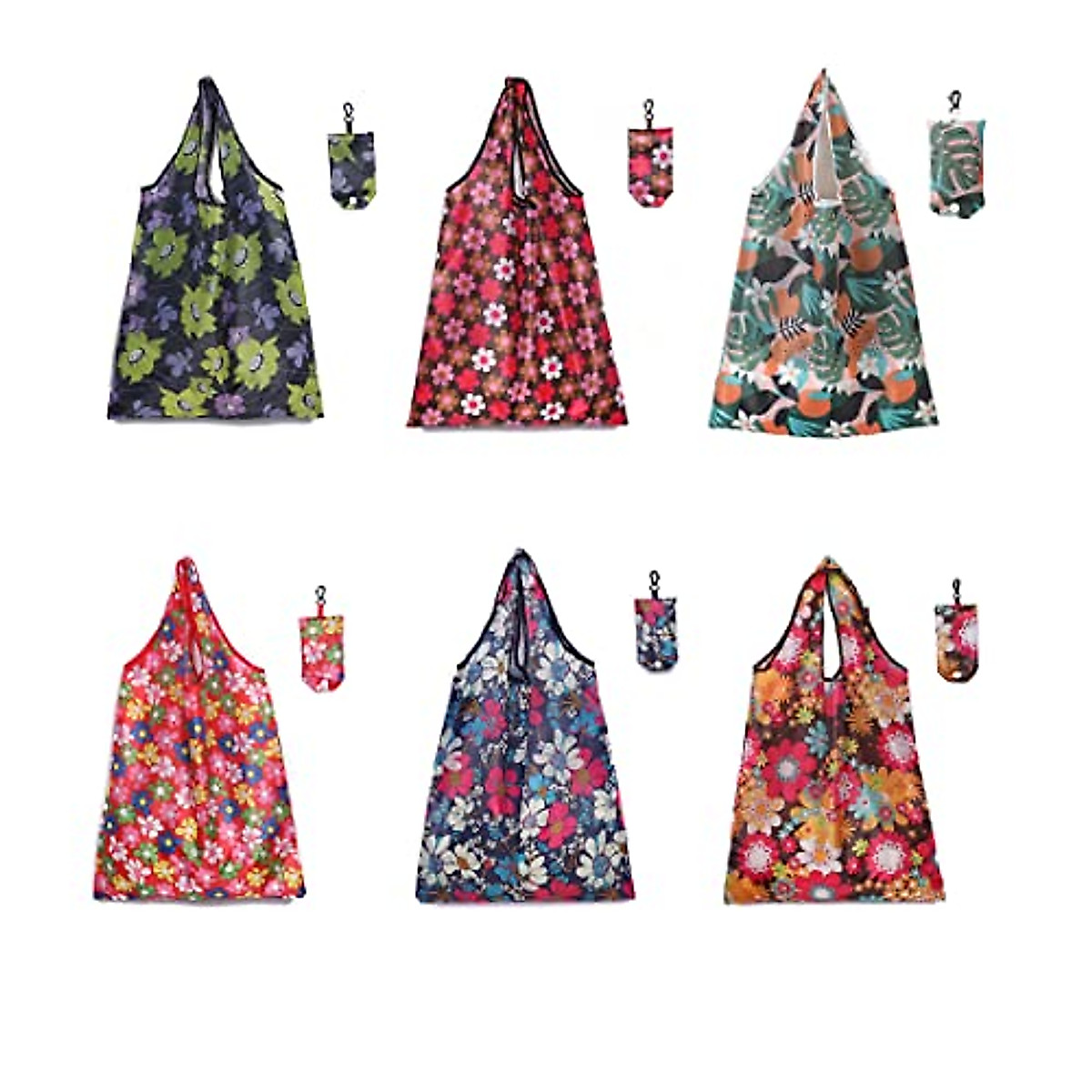 Elephant-package 6 Pcs Foldable Shopping Bags with Hook- Washable- Reusable Grocery Bags with Pouch Tote Bags (Cute Flower Design)