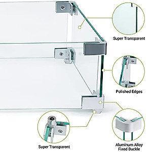 ECOTOUGE Fire Pit Wind Guard for Fire Table, 30.7” x13” x4.7” Clear Tempered Glass Flame Guard with Hard Aluminum Corner Bracket & Rubber Feet