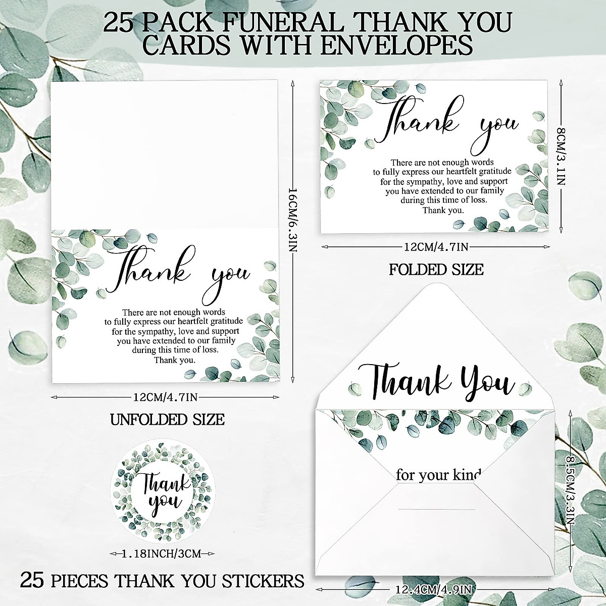 Marspark 25 Pack Thank You Sympathy Cards Funeral Thank You Cards with Envelopes and Message Memorial Card with Sticker Bereavement Card for Family Friends Loved Ones Celebration of Life (Leaves)