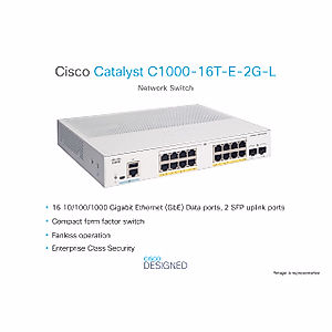 Cisco Catalyst 1000-16T-E-2G-L Network Switch, 16 Gigabit Ethernet Ports, 2 1G SFP Uplink Ports, Fanless Operation, External PS, Enhanced Limited (C1000-16T-E-2G-L)