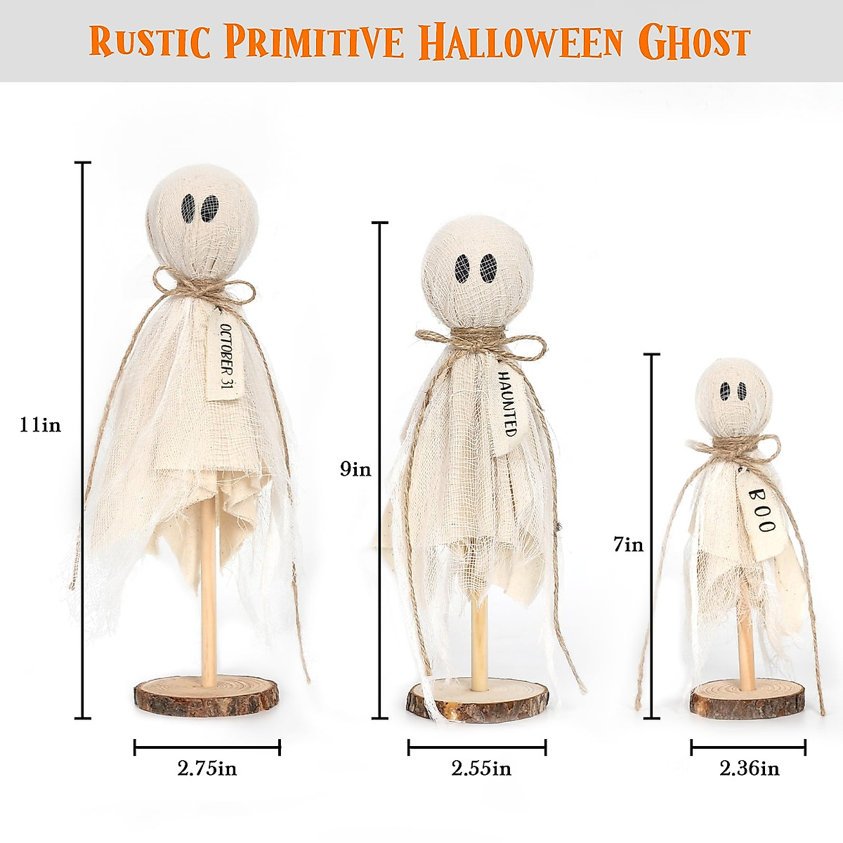 DAZONGE Halloween Decorations Indoor - Set of 3 Primitive Halloween Ghosts on Wooden Stand for Table Centerpieces, Shelves, and Mantels - Spooky Halloween Decor