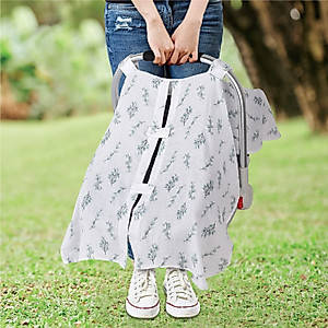 The Peanutshell Muslin Canopy Car Seat Cover, Breathable Lightweight 360° Protector Baby Car Seat Cover Size 36" x 24" - Gender Neutral Eucalyptus Pattern