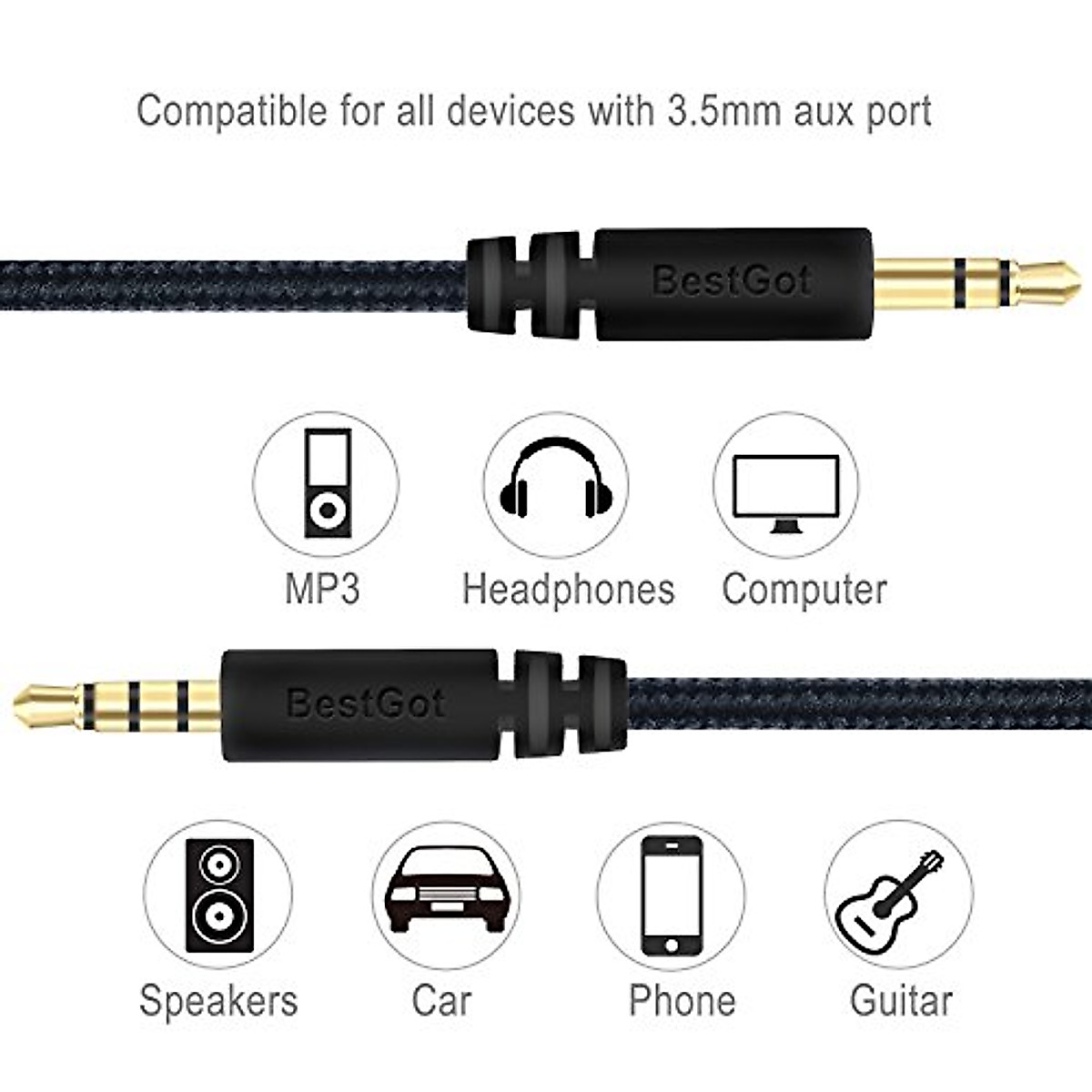 BESTGOT Audio Cable with Microphone Volume Control Aux Cord 3.5mm (4.3ft / 1.3m) for PS4 Controller, Headphones,Tablet,Computer, Laptop,Car,Mobile Phone and More (1-Pack Black)