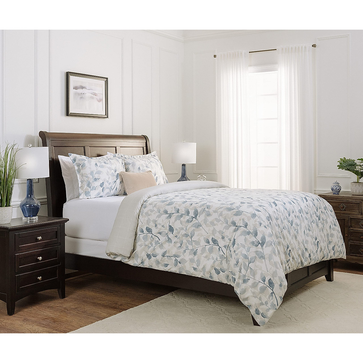 Chanasya Premium Layered Leaf Duvet Cover Set - Duvet Cover (90” x 90”) & 2 Pillow Shams (20” x 26”) - 3-Piece Set, Queen Size, Blue Taupe