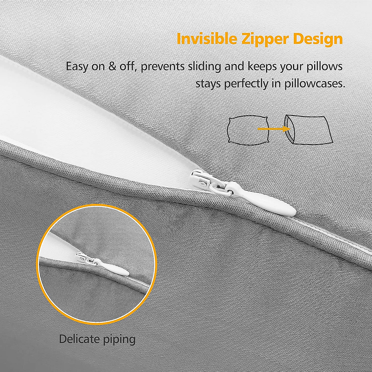 Bedemu King Size Pillow Cases Set of 2-Grey Cotton Zipper Pillow Cases with Zippered Hidden, Ultra Soft Pillow Covers with Piping for Easy Care, 600 Thread Count & Breathable Pillow Case, 20”x36”, 2P