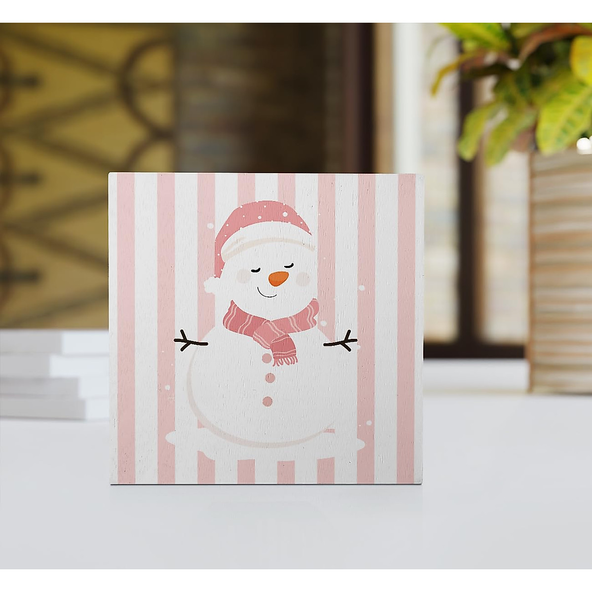 EIONEY Christmas Desk Decor Wooden Box Sign, Snowman Pink Vertical Grain Table Wooden Box Sign Decor, Christmas Wooden Desk Decor for Home Bedroom Kitchen Shelf Tabletop Decor, 5 x 5 Inches