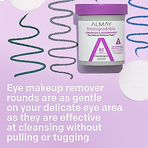 Almay Biodegradable Makeup Remover Pads, Longwear & Waterproof, Hypoallergenic, Fragrance-Free, Dermatologist & Ophthalmologist Tested, 80 Count