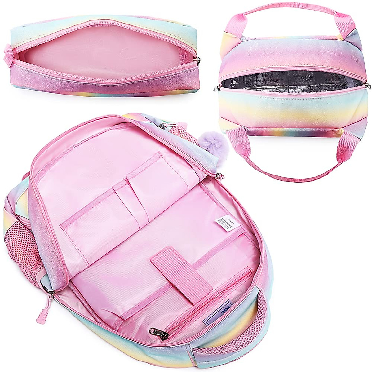 Girls Backpack Rainbow Glitter Kids School Bookbag 3 in 1 Set School Bag with Lunch Bag Pencil Case