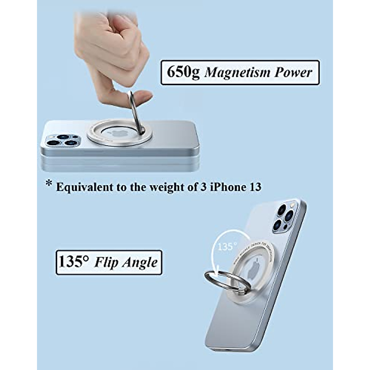 Phone Grip Neowic Magnetic Phone Ring Holder, Adjustable Cell Phone Kickstand, Removable Finger Holder, (with 2PC Ultra Thin Metal Ring for Phone Case/No Mag Phone), Black