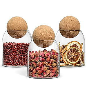 ComSaf 480ml/16Oz Glass Storage Container with Ball Cork, 3Pcs Glass Jar with Cork Lid, Round Cork Glass Bottle, Small Candy Jar with Wood Ball Lid for Food, Coffee, Sugar, Spice, Tea, DIY Decoration