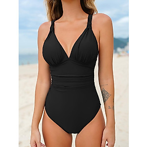 CUPSHE Women One Piece Swimsuit Deep V Neck Tummy Control Ruched V Back Classic Bathing Suits S Black