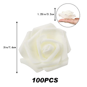 IPOPU Artificial Rose Flower Heads, 100 Pcs Real Looking Ivory White Foam Fake Roses for DIY Wedding Baby Shower Centerpieces Arrangements Party Tables Home Decorations (Ivory, Stemless)