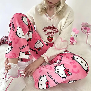Kawaii Pajamas for Women Girls Cartoon Cat All Over Print Flannel Christmas Halloween Anime Soft Sleep Pajamas Pants,Style-4，L
