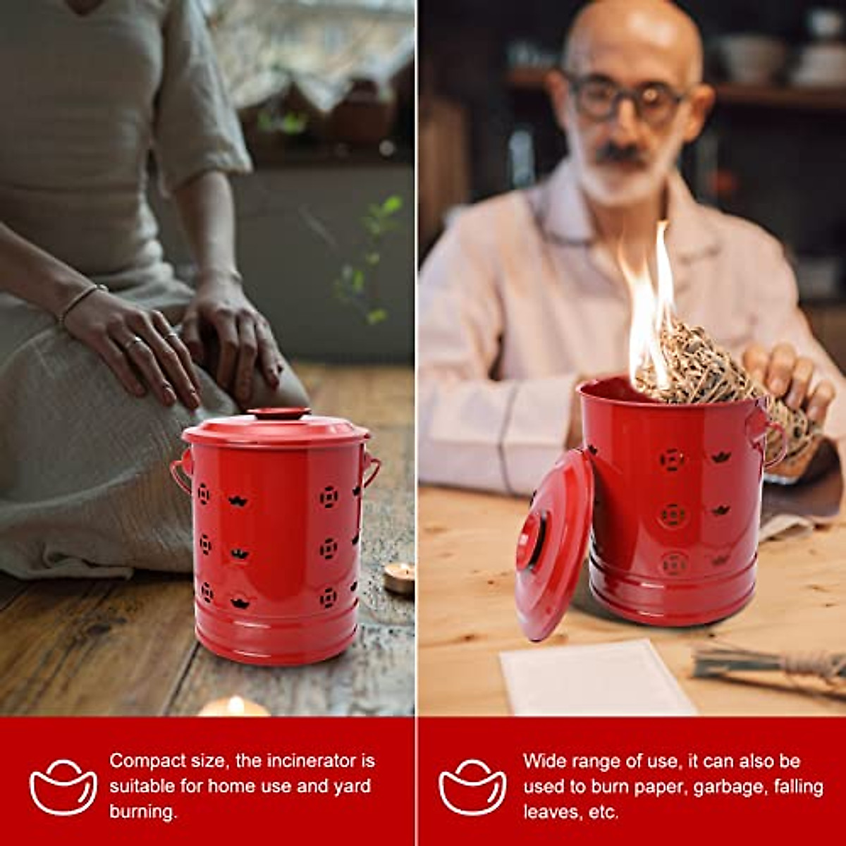 DOITOOL Rest Cloud Money Burning Pot with Hook Burn Incinerator Cage Pit Enamel Garden Cage Enamel Burner Bucket for Garden Leaf Trash Wood Backyard Bonfire Red Tabletop Fireplace