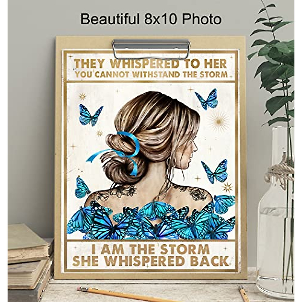 Positive Quotes Inspiration Wall Art & Decor - She Whispered Back I Am The Storm - Boho Hippie Wall Art - Motivational poster - Encouragement Gift for Woman - Blue Bedroom Home Office Living room Art