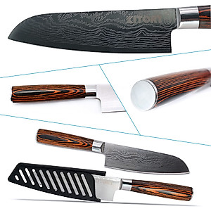 Santoku Knife, 5 Inch Professional Kitchen Chef Knife with Sheath, German High Carbon Stainless Steel Ultra Sharp Knife, Chef Knives with Ergonomic Handle and Gift Box