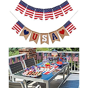 Shimmer Anna Shine USA American Flag Patriotic Burlap Banner for 4th of July Decorations Red White and Blue Memorial Day Decor (USA Flags)