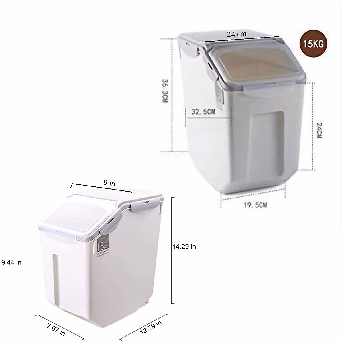 2-Pack Rice Storage Bins 15 Liter With PP Locking Lid, Large Food Storage Container with Wheels For Rice, Flour,Pet food