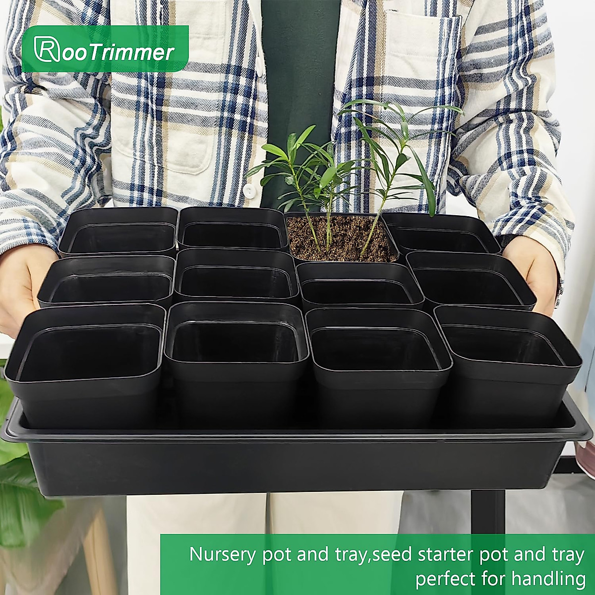 RooTrimmer 3.5 inch Square Nursery Pots 60pcs, Sturdy Seed Starter Trays 5 Pcs, Seeds Starting Germination, Small Planter Nursery Propagation 5 Sets