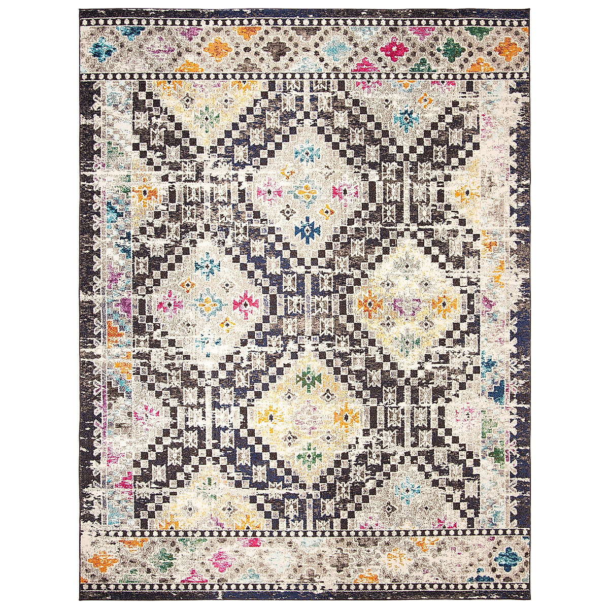 SAFAVIEH Madison Collection Area Rug - 8' x 10', Black & Yellow, Boho Diamond Distressed Design, Non-Shedding & Easy Care, Ideal for High Traffic Areas in Living Room, Bedroom (MAD418Z)