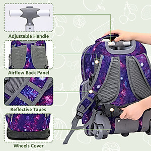 NEW TILAMI 18 Inch Rolling Backpack with Zipper Mesh Pouch Boys Girls Wheeled Laptop Backpack for School Travel Trip Backpack, Purple Galaxy