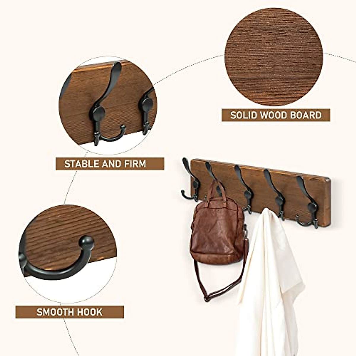 NicQliear Wall Mounted Coat Rack - Metal Coat Hooks Hanger with Pine Solid Wood Board, 5 Triple Black Literary Rustic Hooks Rail Wall Mount for Hanging Coats, Clothes, Bags, Hat, Towel