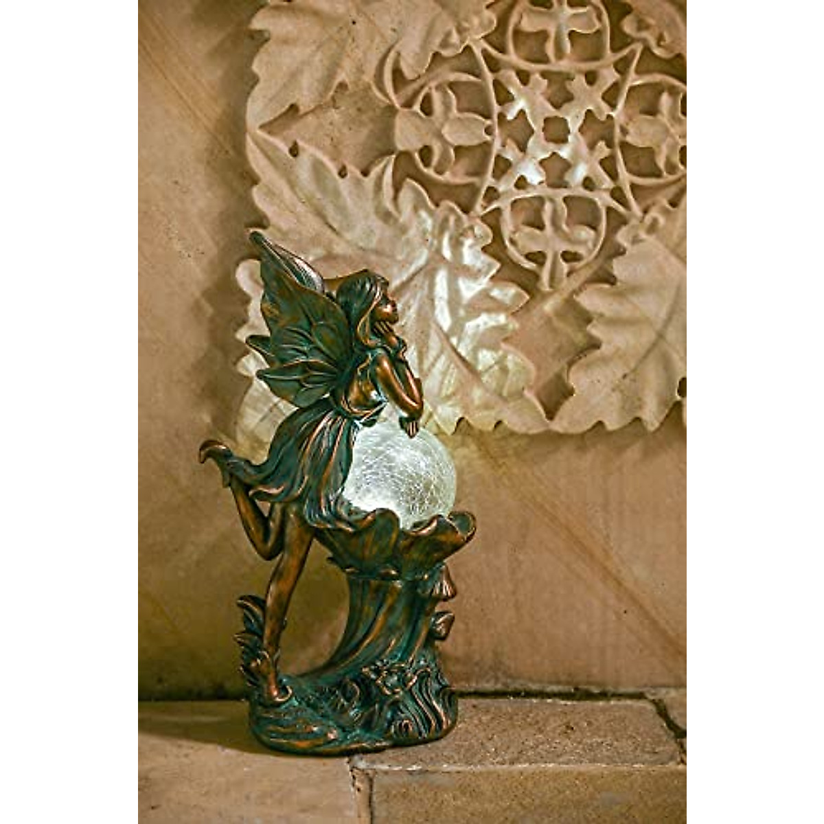 TERESA'S COLLECTIONS Solar Garden Fairy Statue, Outdoor Patina Bronze Fairy Sculptures with Crackle Glass, Garden Figurines Lawn Ornaments Garden Art for Balcony Patio Yard Decor 12.4 Inch