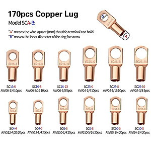 170pcs Battery Cable Closed End and 210pcs Heat Shrink Tubing, Copper Battery Cable Ends for Automotive Supplies AWG 4, AWG 6, AWG 8, AWG 10, AWG 12