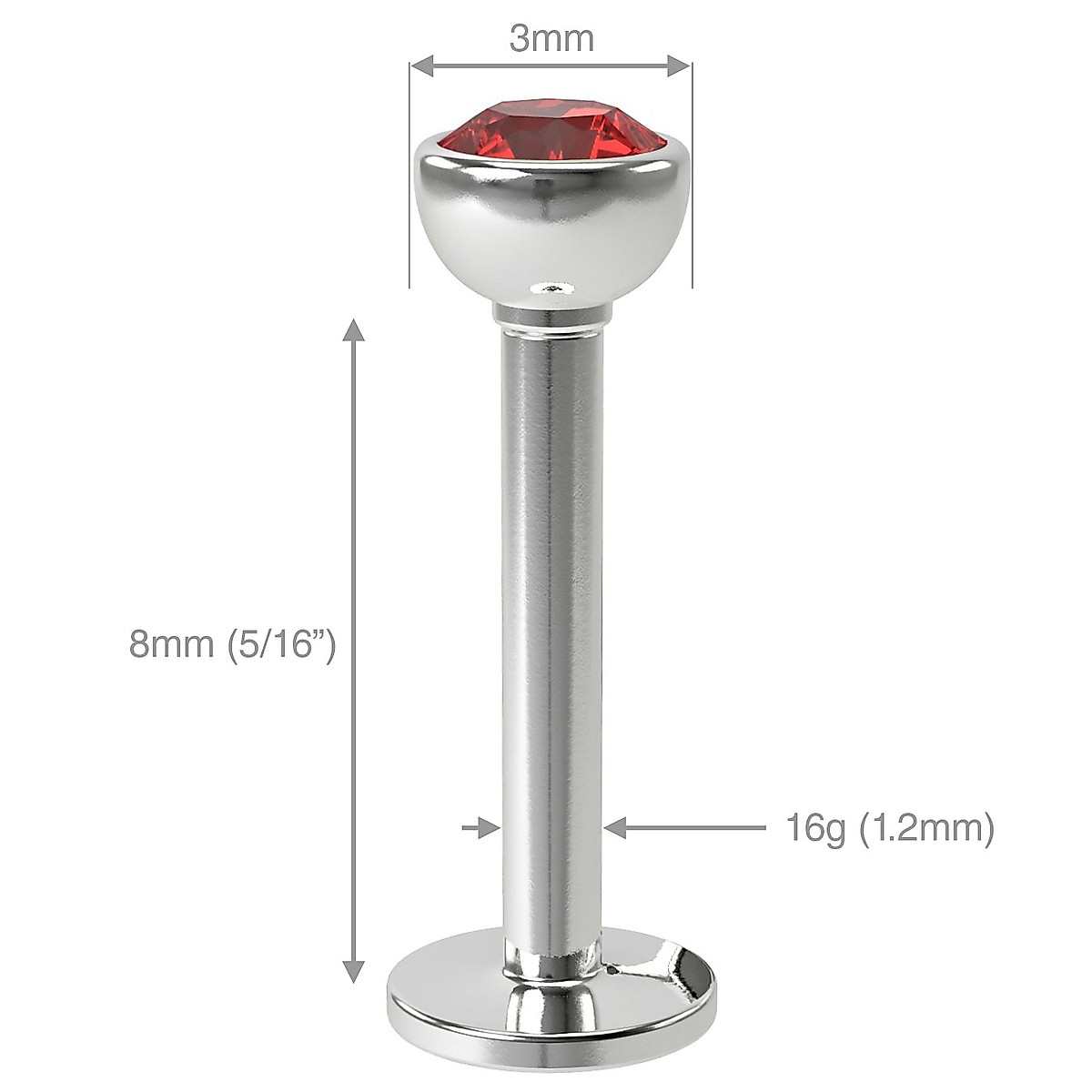 2pc 16g Surgical Steel Labret Monroe Lip Ring 3mm Red Gem Tragus Earring Stud Piercing Jewelry 8mm