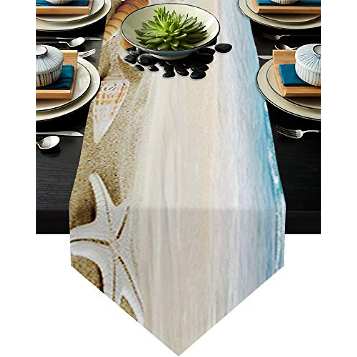 Z&L Home Linen Burlap Table Runner Dresser Scarves, Nautical Seashell Starfish Summer Beach Table Runners for Family Dinner/Holiday Party/Wedding/Events/Kitchen Decor Ocean 13x36In