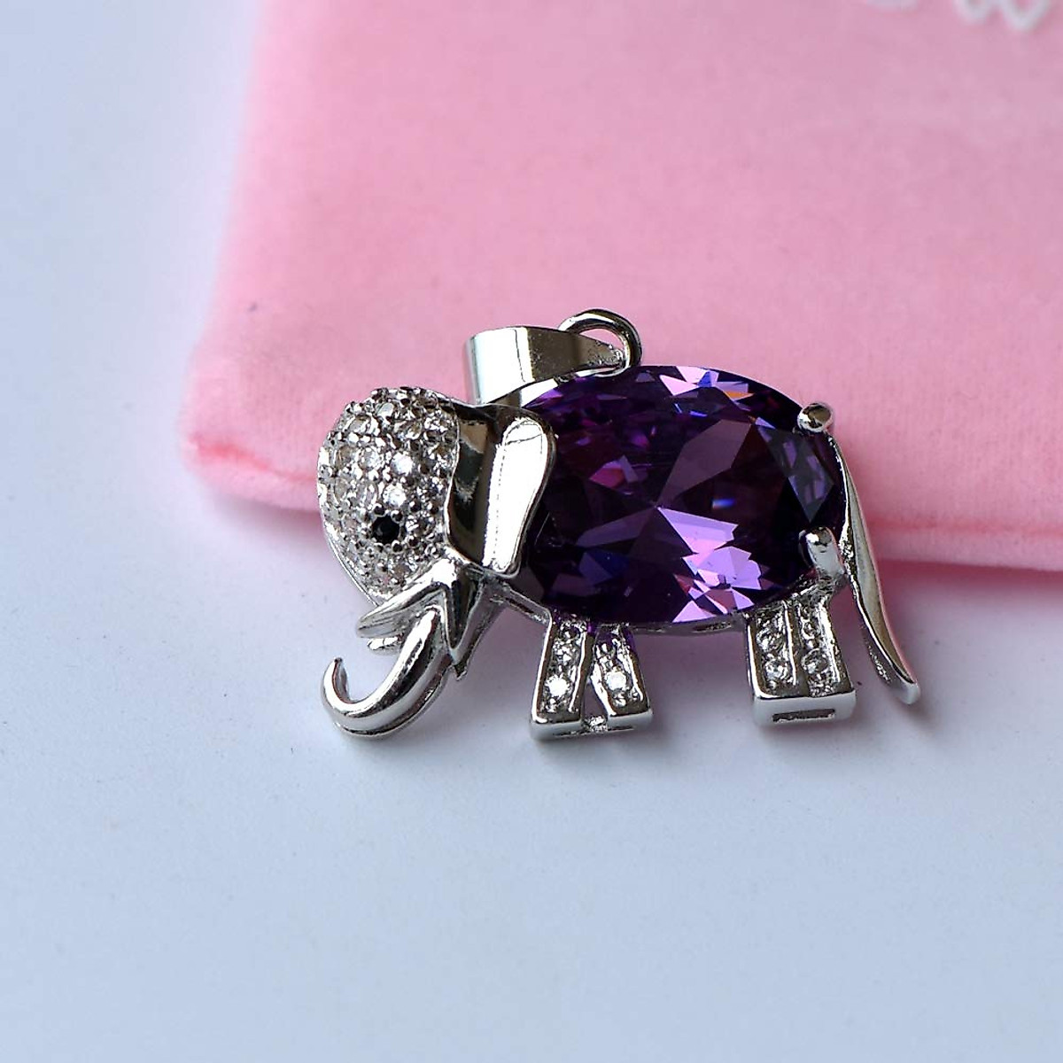 WIBERN Good Luck Memorial Keeps 18K White Gold Plated Purple Shine Crystal CZ Elephant Pendant Women Dainty Necklace Noble Jewerly (Purple)