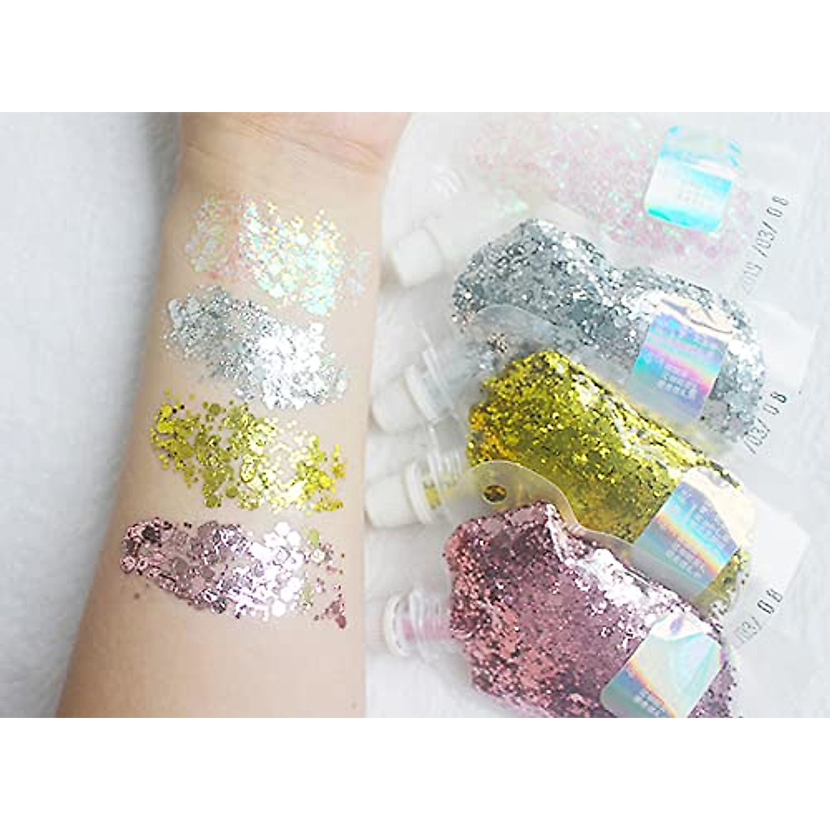 GL-Turelifes Body Glitter Gel, Easy to Apply&Remove 50ml Mermaid Sequins Chunky Glitter for Body Face Hair, Festival Glitter Halloween Costume Makeup Long Lasting Sparkling (Silver(Chunky Glitter))