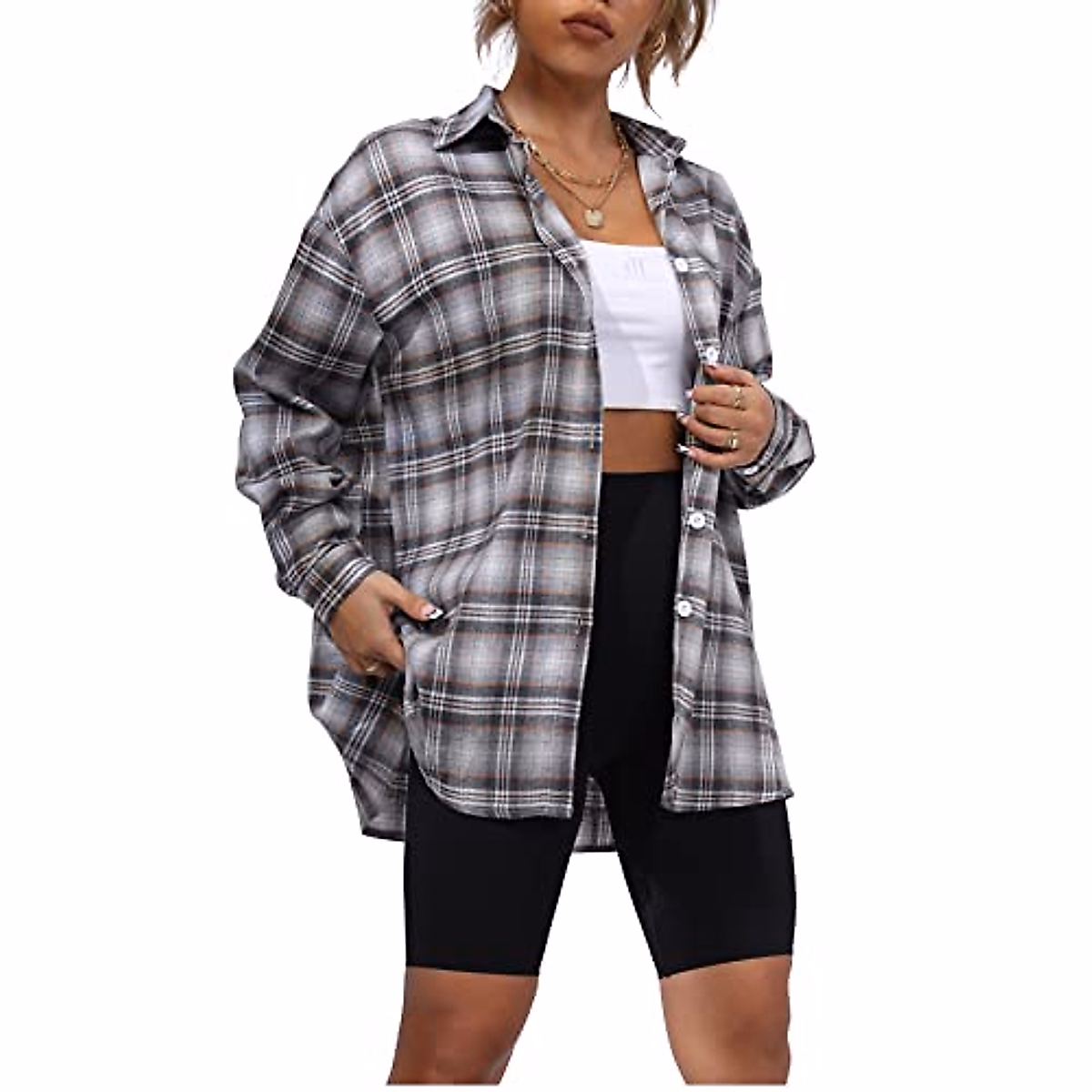LYANER Women's Long Sleeve Plaid Collar Button Down Boyfriend Shirt Blouse Top Grey 3X-Large