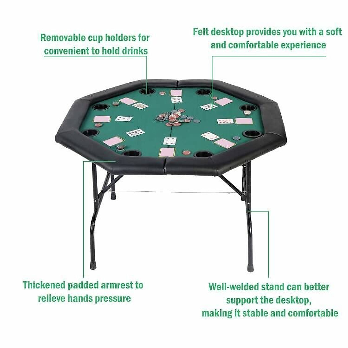 KARMAS PRODUCT Poker Table Folding Texas Holdem Casino Leisure Game Octagonal Table with Cup Holder 8 Player -Green