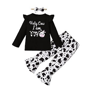 Slanavel Baby Girl Two Years Old Birthday Outfit Toddler 2nd Birthday Clothes Girl Holy Cow I'm Two Outfit Set (Black,2T)