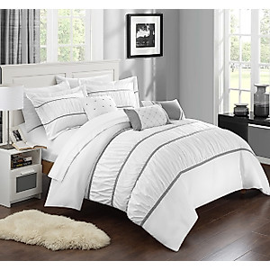 Chic Home Cheryl 10 Piece Comforter Complete Bag Pleated Ruched Ruffled Bedding with Sheet Set and Decorative Pillows Shams Included, Queen, White