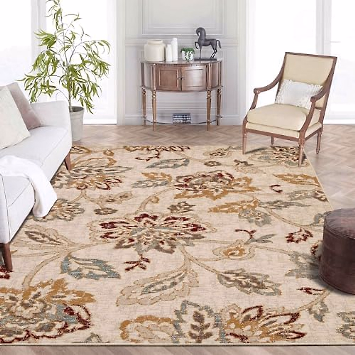 Superior Indoor Area Rug, Jute Backing, Plush Floral Rugs for Entryway, Living Room, Kitchen Floors, Bedroom, Office Floor Cover, Modern Farmhouse Rugs, Jacobean Collection, 8' x 10', Stone