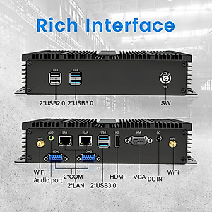 Kinupute Fanless Mini PC, Industrial Desktop Computer Core i3-5005U 2.0GHz, Windows 10 Pro, 8GB RAM, 128GB SSD, 2xNICs, 2xCOM RS232, 4xUSB 3.0, HDMI/VGA Ports, Support Auto Power On