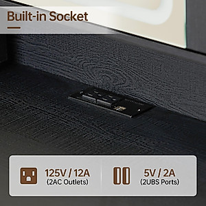 Farmhouse Makeup Vanity Desk with Electrical Outlet, Sliding Mirror and LED Lights, Adjustable Light Color Brightness, 42-Inch Tabletop Dresser, Multiple Storage Space, Dresser Set with a Stool, Black