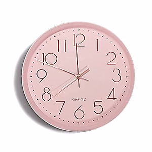 JUSTUP Round Wall Clock, 12 Inch Pink Large Wall Clock for Bedroom, Quality Quartz Modern Silent Clock with Battery Operated, Arabic Quiet Wall Clock Decor for Home Kitchen Living Room Office (Pink)