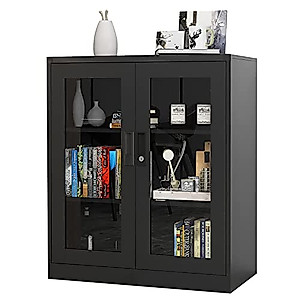 Yizosh Metal Storage Cabinet with Glass Doors - 35.4" Locking Display Cabinet with 2 Adjustable Shelves, 3-Tier Steel Cabinet Locker for Home Office, Living Room, Bedroom (Black)