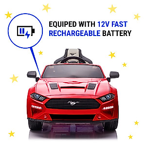 Ford Mustang 24V Ride On Kids Car 4WD Powerful Electric Vehicle, with Rubber Wheels, Bluetooth, FM Radio, Remote Control, Leather Seat, Soft Brake & Suspension, Max Speed 6 Mph