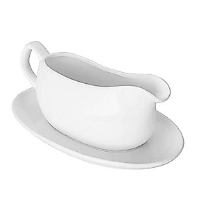 Miecux Gravy Boat wiht Tray, Ceramic Serving Saucer&Dish Dispenser for Sauces, Dressings and Creamer, Large Handle, Microwave and Dishwasher Safe, 17 oz (White)