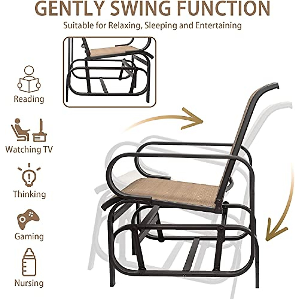 Outdoor Patio Glider Chair,Metal & Mesh Swing Rocking Lounge Comfortable Chair, for Outside Lawn,Backyard,Porch,Balcony,Pool, Brown