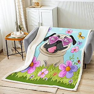 Erosebridal Boy Cartoon Sherpa Blanket Cute Pug Flannel Blanket Kawaii Puppy Plush Blanket Butterfly Pet Fleece Blanket for Kids Girls Purple Floral, Nursery Bed Blankets Throw 50"x60"